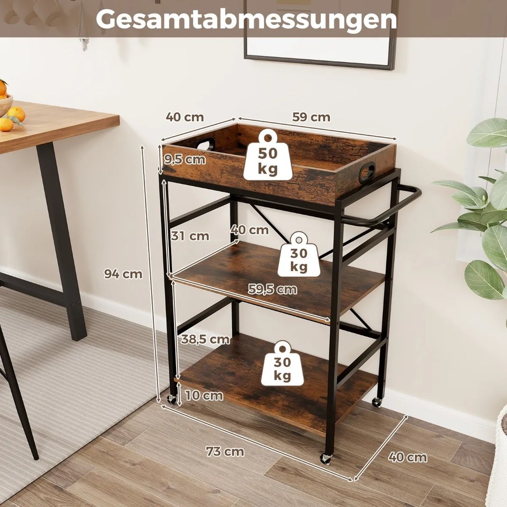 Costway 3-patrový servírovací vozík Kuchyňský vozík s odnímatelným tácem