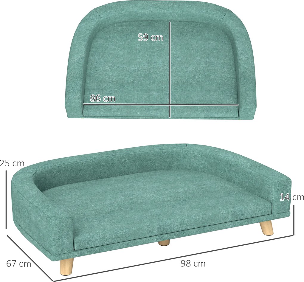 Pohovka pro psy PawHut Pohodlná pohovka s polštářem pro velké psy, zvýšená konstrukce s dřevěnými nohami, zelená 98x67x25cm | Aosom.de