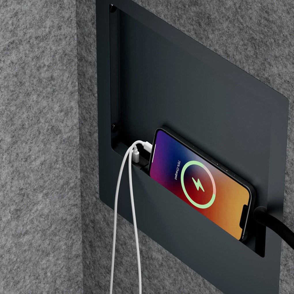 Kancelářská akustická kabina se sedátkem a USB-C portem, korpus antracitový / sedák šedá, 600 mm: SALLY MentalBox