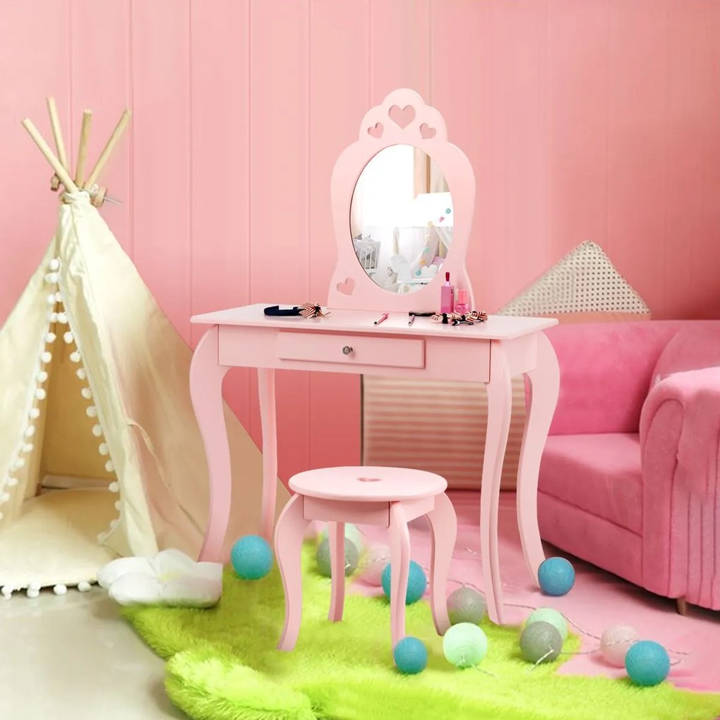 Dětský toaletní stolek s taburetkou a zrcadlem v růžové barvě