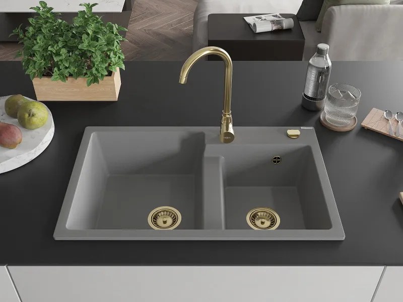 Mexen Tomas, granitový dřez 800x500x190 mm, 2-komorový, šedá se zlatým sifonem, 6516802000-71-G