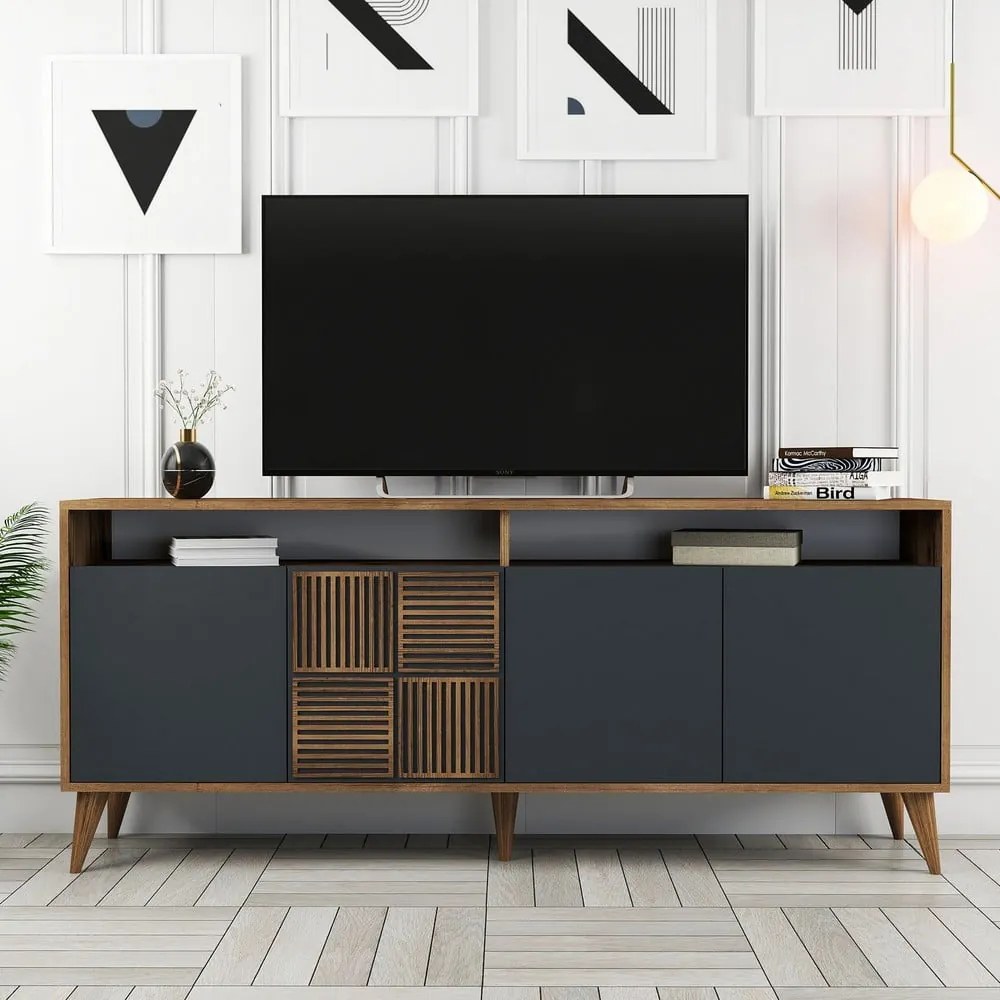 Nízká komoda v dekoru ořechu v antracitové a přírodní barvě 180x79 cm Milan – Kalune Design