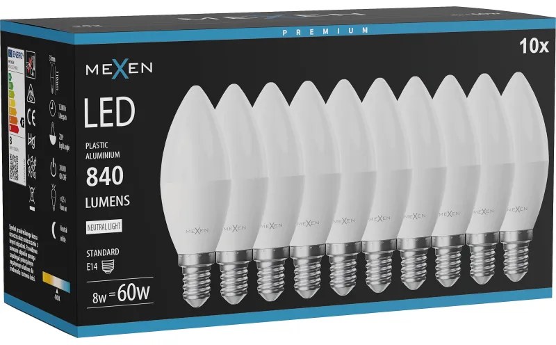 Mexen Nova 10x LED žárovka E14, C37, 8W, Neutrální - 4000K, 840 lm - L102-E14-0840-01x10