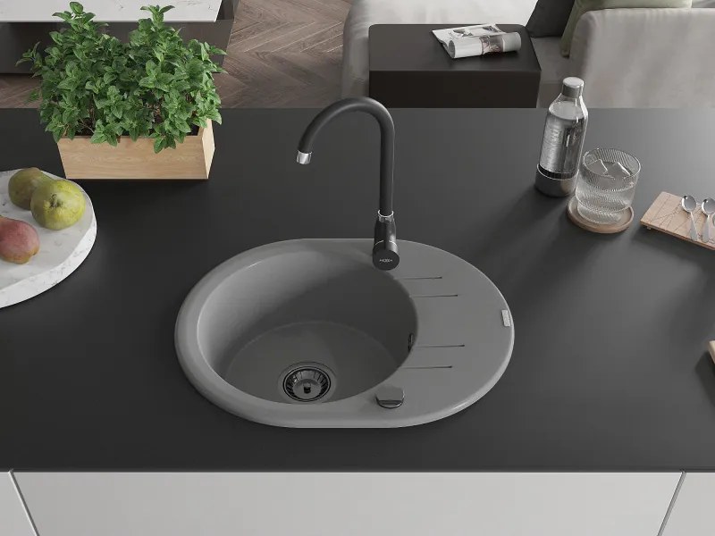 Mexen Kevin, granitový dřez 586x458x190 mm, 1-komorový, šedá s černým sifonem, 6517581005-71-B