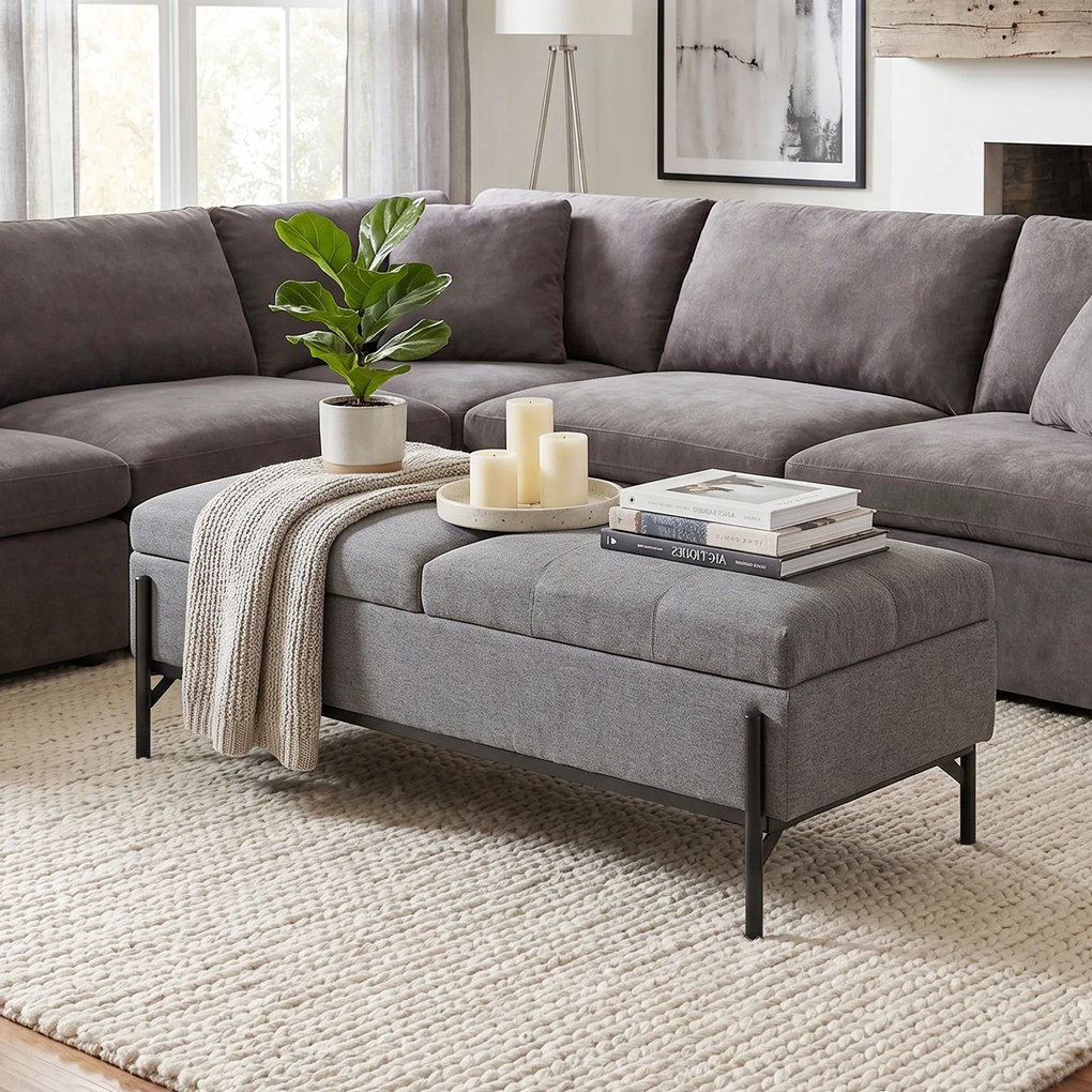 HOMCOM úložná lavice, lněný taburet s 2 přihrádkami, víky na pantech a extra polstrováním, sedadlo s knoflíkovým prošitím — (117 x 50 x 44 cm), šedá