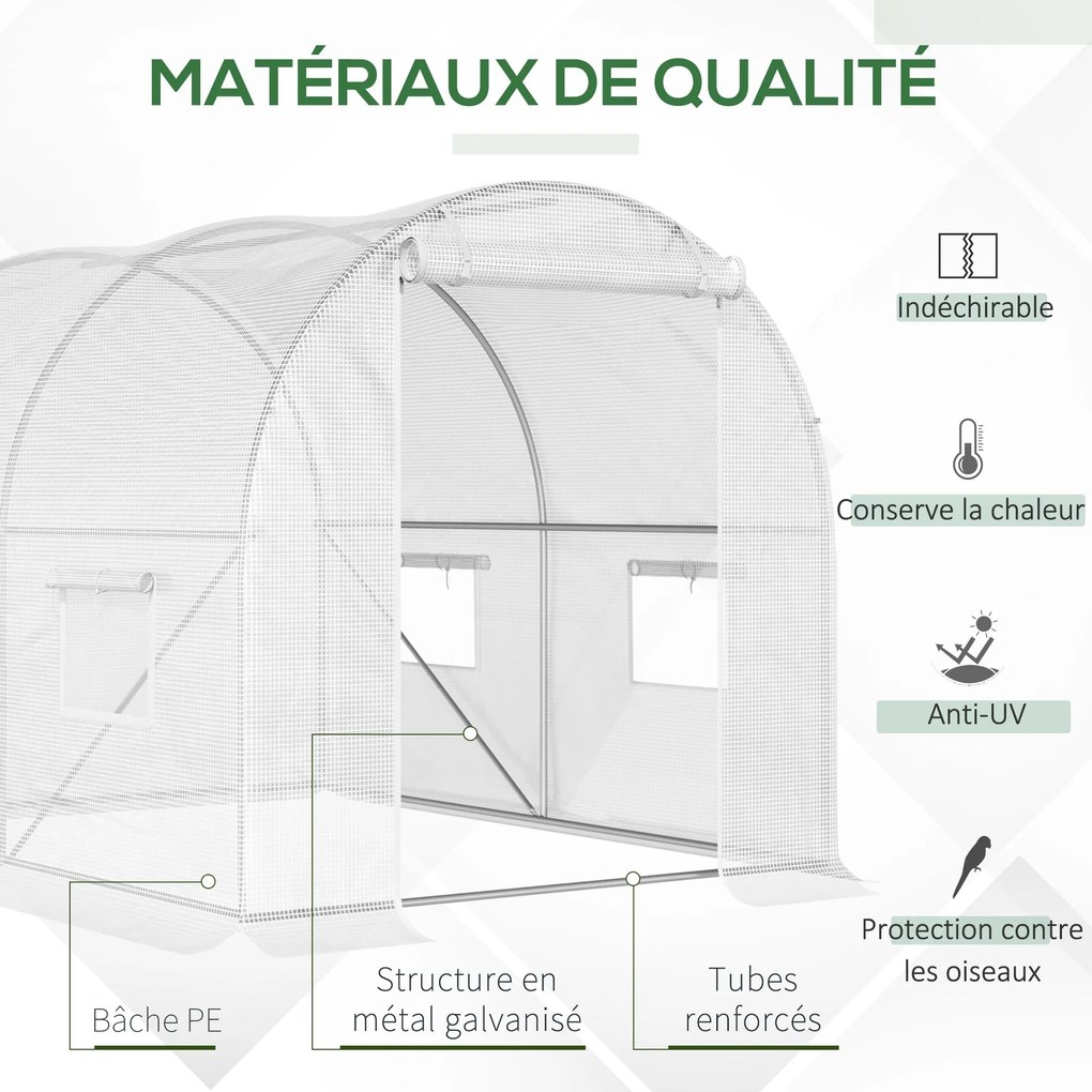 Skleník pochodový tůnel Outsunny 6 m² 3D x 2Š x 1.9V m, Zpevněná pozinkovaná ocel průměr 2.4 cm + Okna z vysokohustotního PE, Bílý