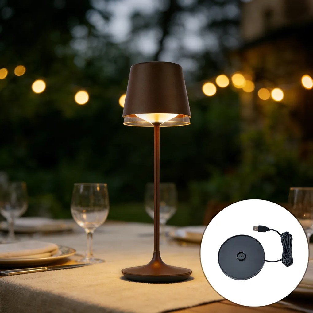 Stolní lampa rezavě hnědá vč. LED IP65 dobíjecí s nabíjecí stanicí - Bass