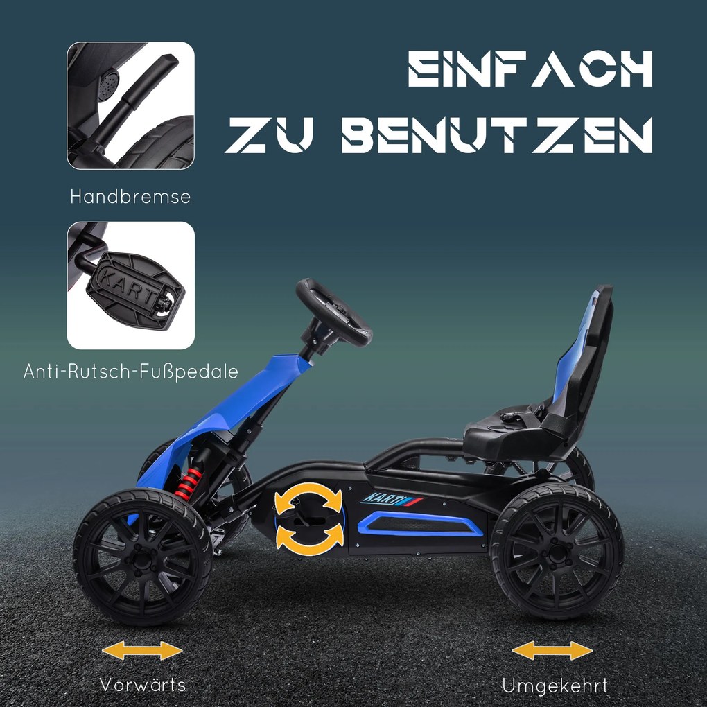 HOMCOM Motokára, dětské vozidlo s nastavitelným sedadlem, šlapací vozidlo, šlapací auto s ruční brzdou, čtyřkolka pro děti od 3 do 8 let, modrá