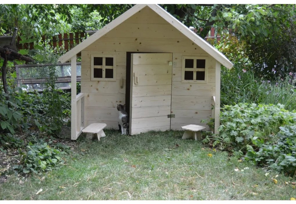 nejzahradnidomek.cz - Dětský dřevený domek MIU se zábradlím,	farba natur, (1,7 × 1,5 m), DD_MIU