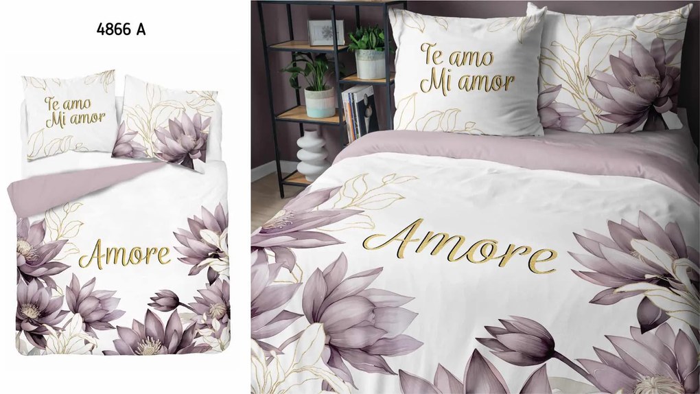 Detexpol Bavlněné povlečení 160x200 bílé vřesové květy Amore 4866 A Holland 73