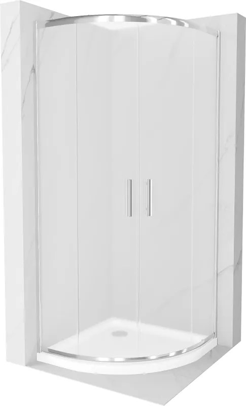 Mexen Rio, čtvrtkruhový sprchový kout s posuvnými dveřmi 90 x 90 cm, 5mm sklo námraza, chromový profil + bílá sprchová vanička, 863-090-090-01-30-4110