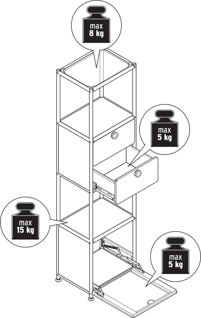 Tchibo - Kovový regál »Cn3 Slim Line« se 2 přemístitelnými zásuvkami a 1 přemístitelnými výklopnými dvířky - barva: bílá