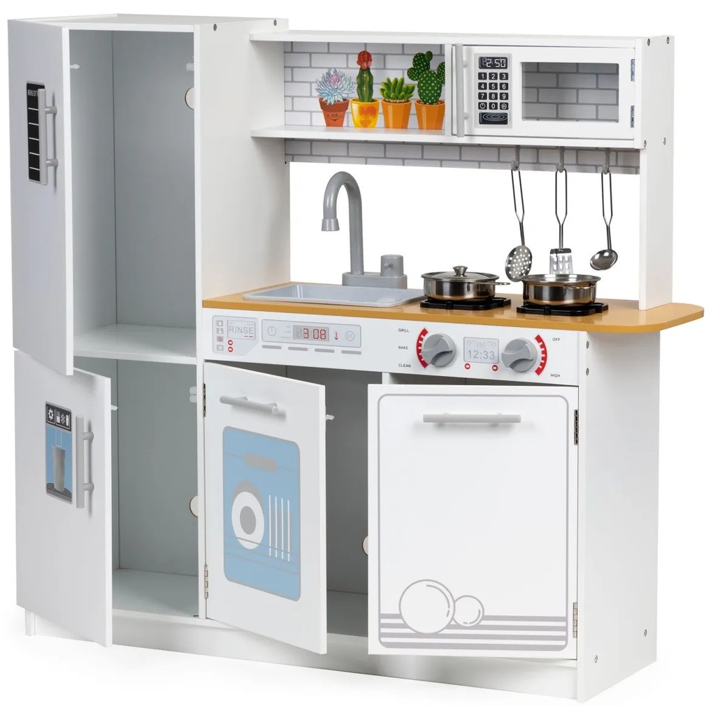 Ecotoys Dětská dřevěná kuchyňka s LED osvětlením a hrnci