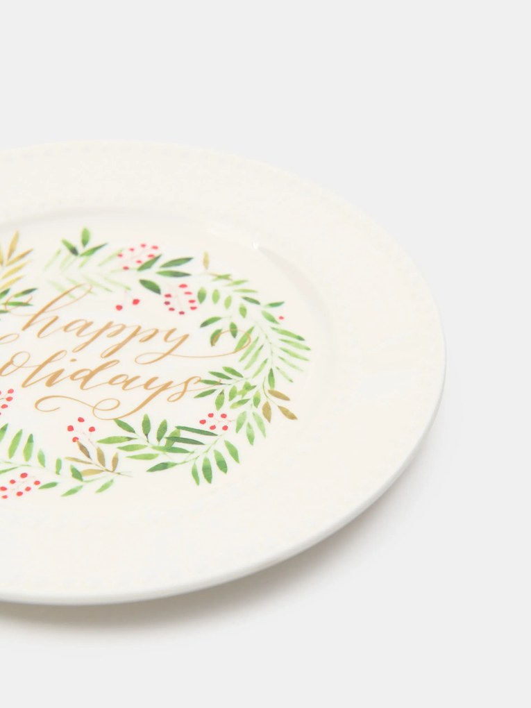 Sinsay - Vánoční keramický talíř s nápisem Happy Holidays - bílá