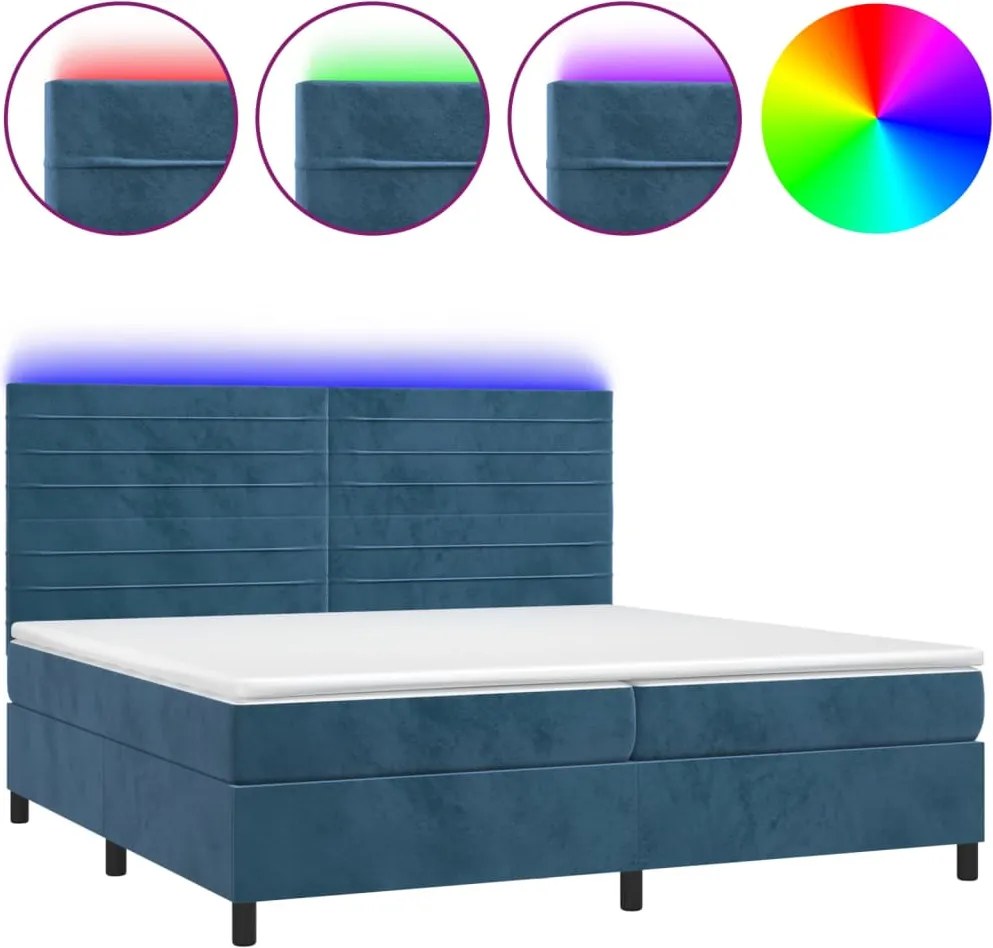 Box spring postel s matrací a LED tmavě modrá 200x200 cm samet 3136207