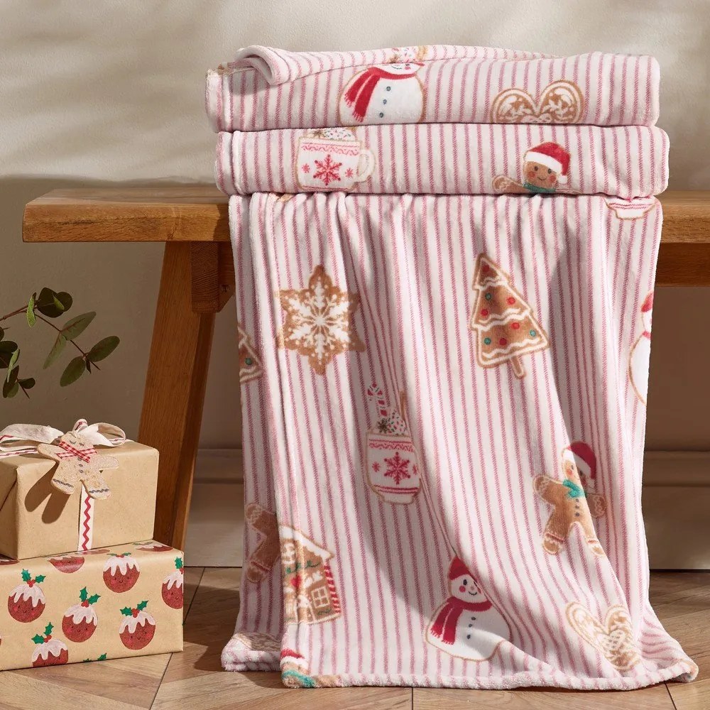 Červená/v přírodní barvě deka s vánočním motivem 170x130 cm Christmas Gingerbread Stripe – Catherine Lansfield