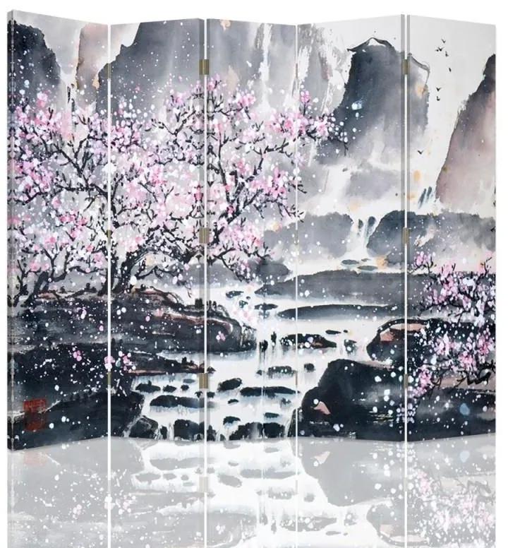 Ozdobný paraván Japonská krajina - 180x170 cm, pětidílný, klasický paraván