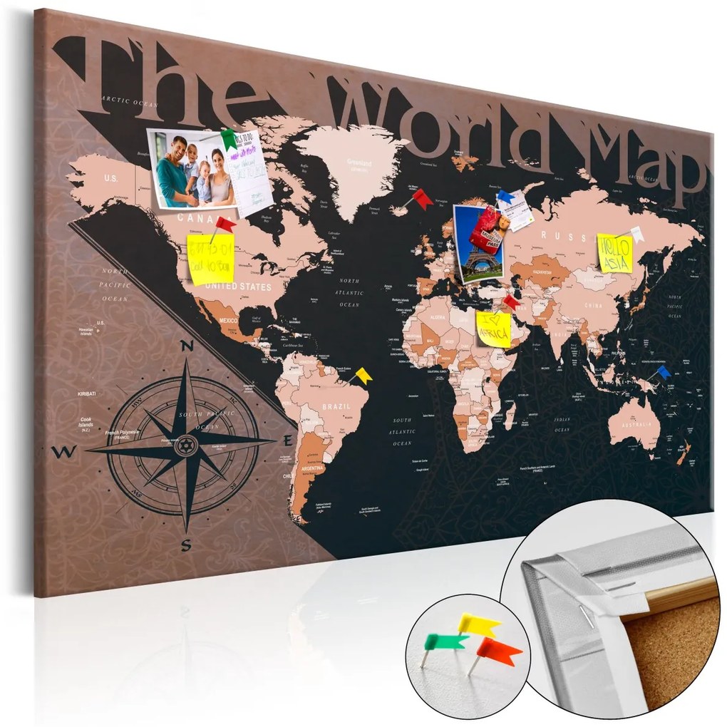 Mapa světa na korkové tabuli + háčky, hřebíčky, pin-vlajky, lepicí guma ZDARMA Velikost (šířka x výška): 60x40 cm