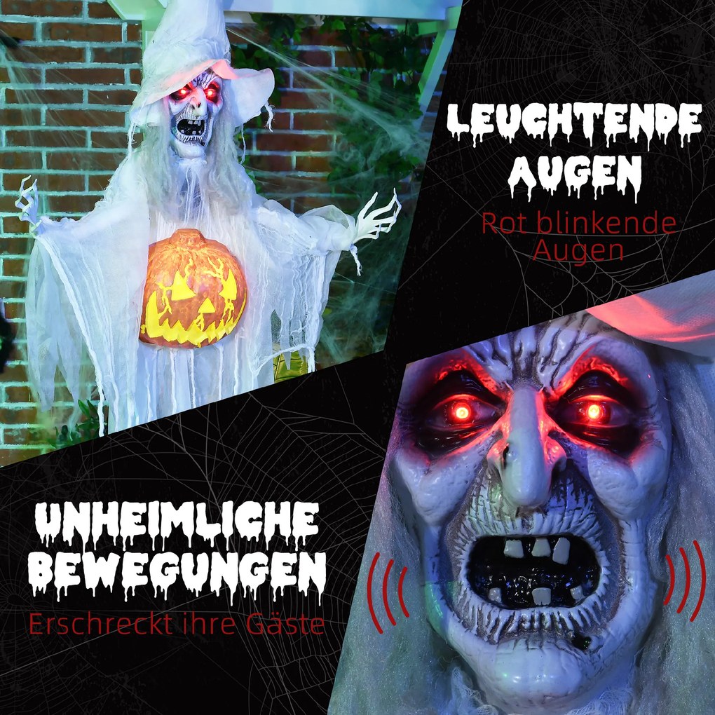 HOMCOM Halloween duch, Halloween dekorace, zvuková funkce, s pohybovým senzorem a LED světly, 60 cm x 18 cm x 183 cm
