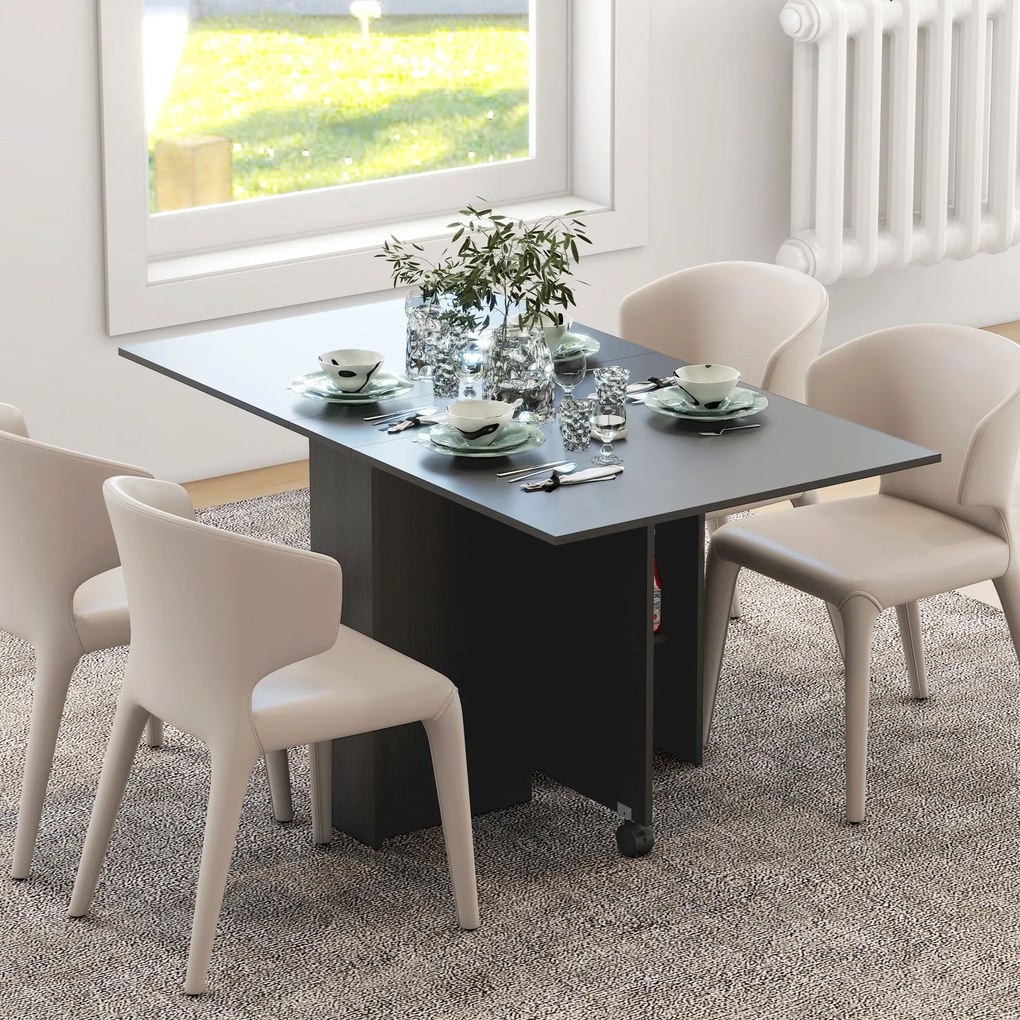 HOMCOM Skládací Stůl na Kolečkách, Moderní Jídelní Stůl, Úsporný Skládací, Moderní Design, s Kolečky, Úložné Poličky, 140 × 80 × 74 cm, Černý