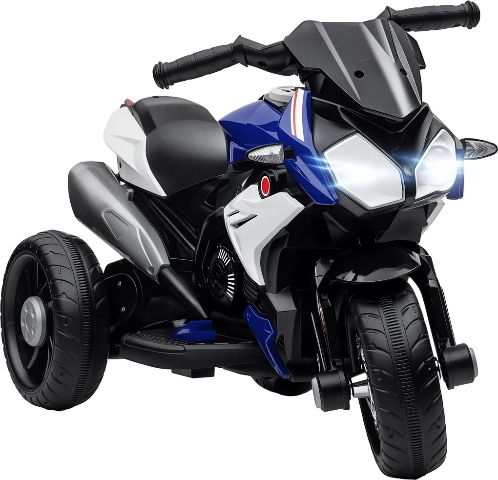 HOMCOM Dětská elektrická motorka se 3 koly pro děti od 3 let s 6V dobíjecí baterií, hudební klakson, světlomety 86x42x52 cm černá a modrá | Aosom