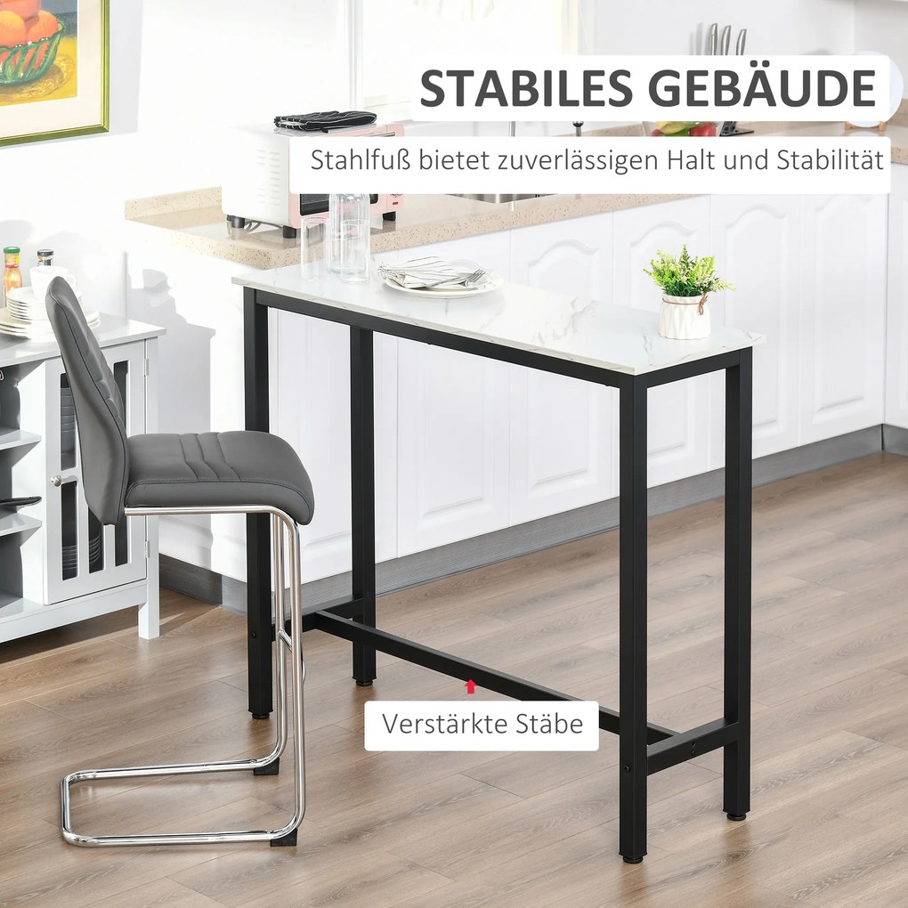 HOMCOM Barový stůl s mramorovým vzhledem, kuchyňský stůl s nastavitelnými nohami do obývacího pokoje, jídelny, ocel 120 x 40 x 100 cm Bílá+Černá