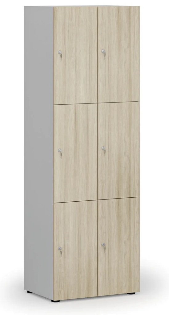 Dřevěná šatní skříňka S4 s úložnými boxy, 6 boxů, demont, cylindrický zámek, šedá/dub přírodní