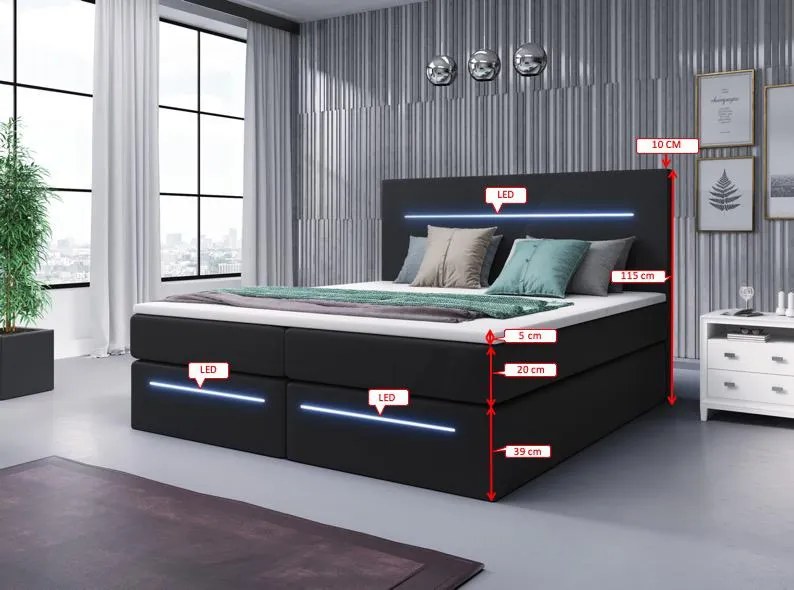 K&M postele Boxspring postel SEJOUR s úložným prostorem a LED Velikost postele: 140 × 200 cm, Výběr matrace: Taštičková zónová matrace - měkká (70–11…