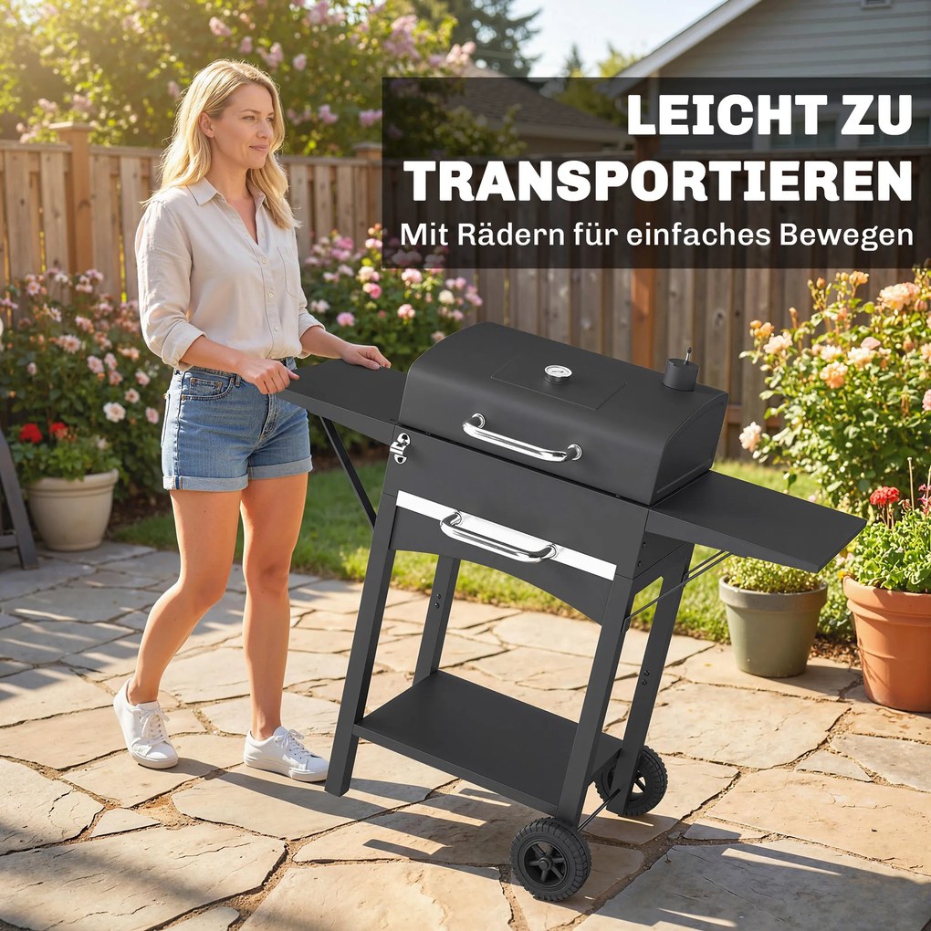 Outsunny gril na dřevěné uhlí s poklopem — BBQ vozík s 2 bočními stolky, velká grilovací plocha, teploměr a kolečka, 110 x 46,5 x 101 cm (černý)
