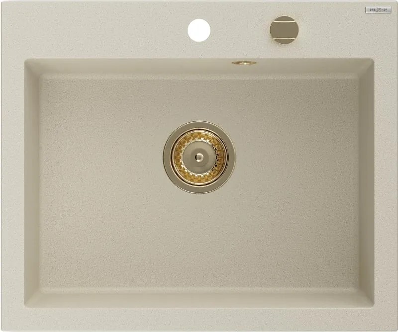 Mexen Elix granitový dřez 1-komorový 600 x 500 mm, béžový, sifon zlatý - 6525601005-69-G