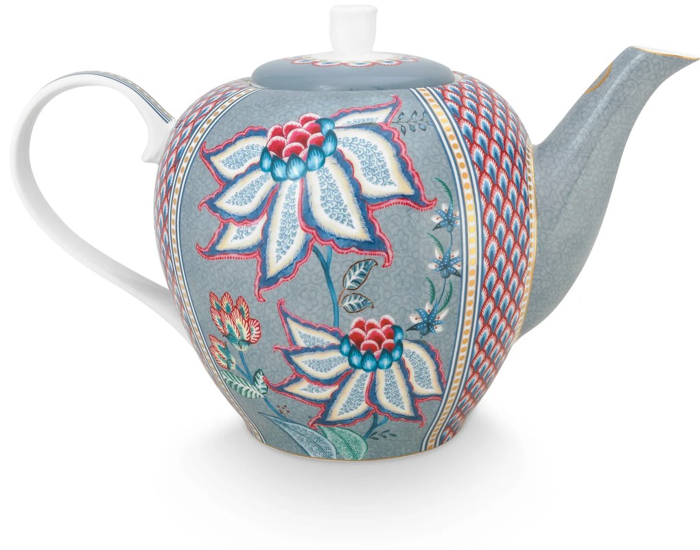 Pip Studio Flower Festival velká čajová konvice 1,6l, modrá (Čajová konvice z tenkostěnného porcelánu)
