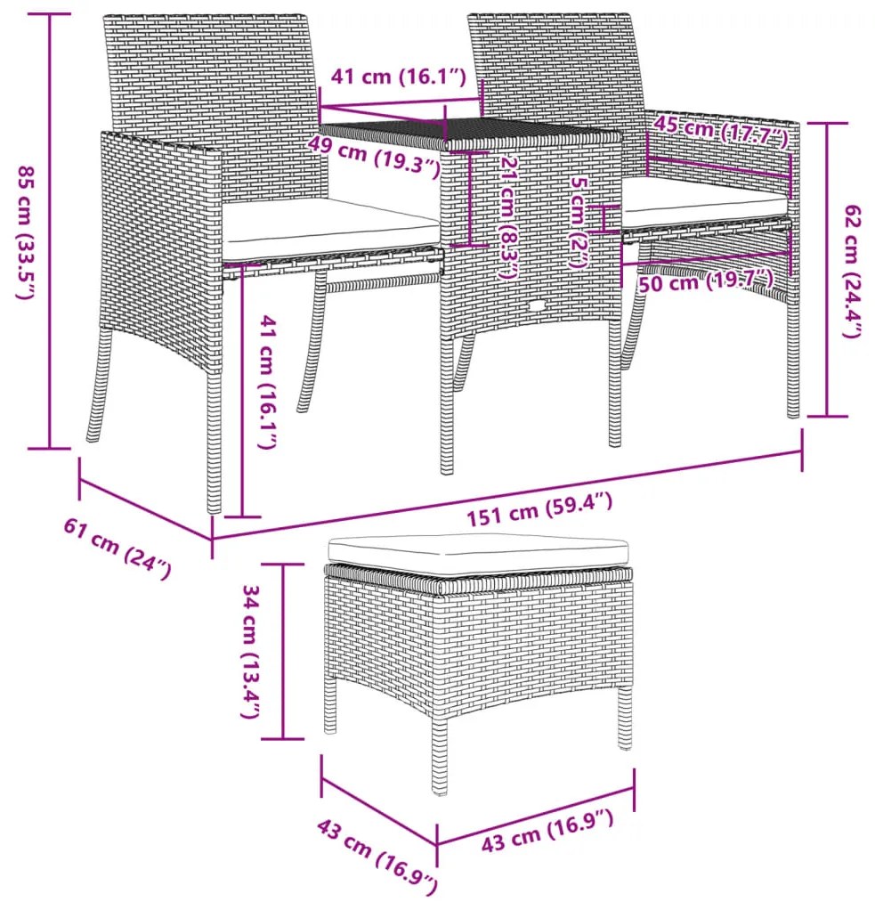 vidaXL Marketos 2místná zahradní pohovka se stolkem a otomany polyratan hnědá