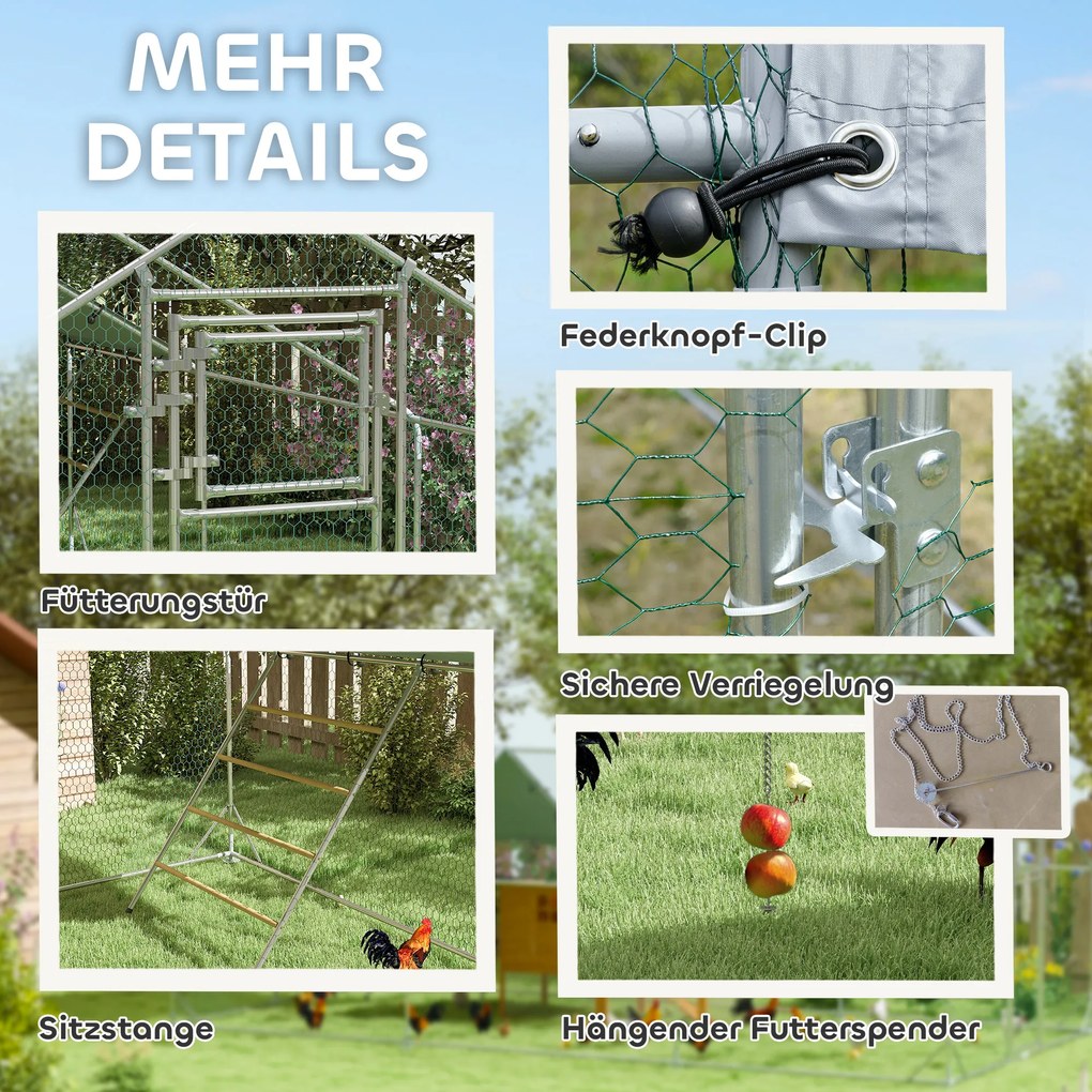 Ocelový výběh pro kuřata PawHut, 300 x 600 x 195 cm, klec pro kuřata s krytem odolným proti UV záření, dvířka na krmení, závěsné krmítko, hřad, výběh…