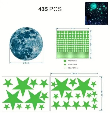 Samolepky na zeď - svítící měsíc s hvězdami Varianta: set D - malý zelený měsíc + hvězdy, 435ks