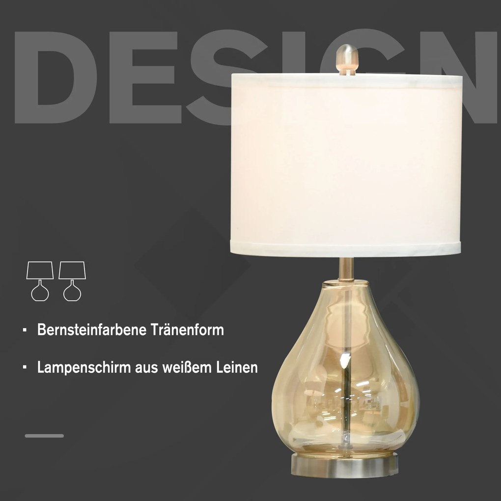 HOMCOM Sada 2 nočních lampiček s paticí E27, 40W, sklo, len, ocel, jantarová barva, Ø30 x 56H cm| Aosom