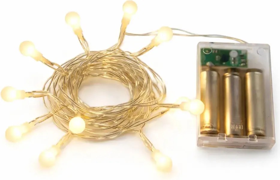 LED světýlka na baterie, kouličky, 2,1 m, teple bílá, 10 diod, čirý kabel, IP20 interiér, 3 × AA