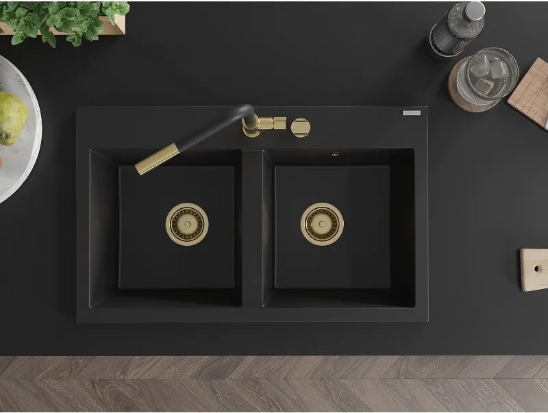 Mexen Hektor, 2-komorový granitový dřez 800x480x205 mm, černá, zlatý sifon,- 6521802000-77-G