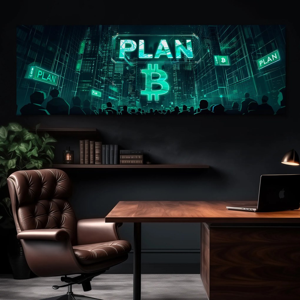 Obraz na plátně - Bitcoin Plan B city FeelHappy.cz Velikost obrazu: 120 x 40 cm