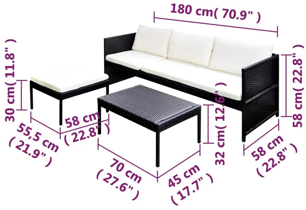 vidaXL Marketos 3dílná zahradní sedací souprava s poduškami polyratan černá