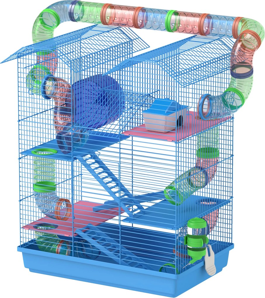 PawHut klec pro křečky a malé zvířata s více úrovněmi, 4 platformami, miskou na jídlo, láhví na vodu, běhacím kolečkem, schody, systém trubek 47x30x5…