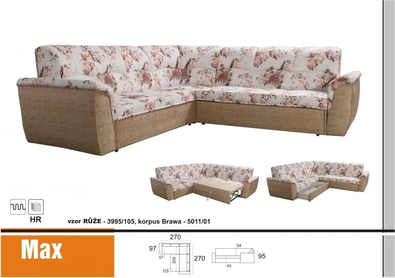 Rohová sedací souprava MAX, růže+hnědá (3995/105+2050/11)