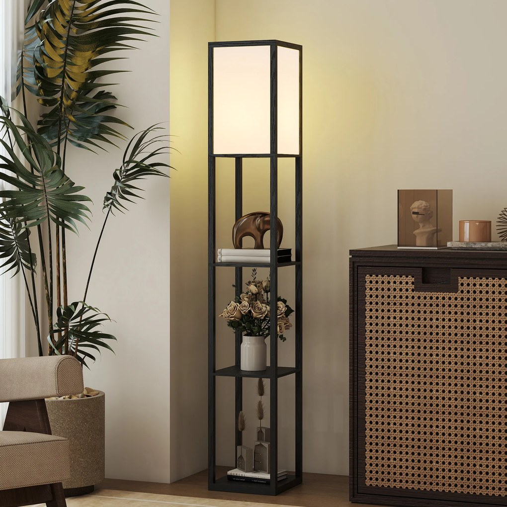 HOMCOM Stojací lampa se 3 policemi, stojací lampa s objímkou E27, 26 x 160 cm, pro obývací pokoj/ložnici (bez žárovky)