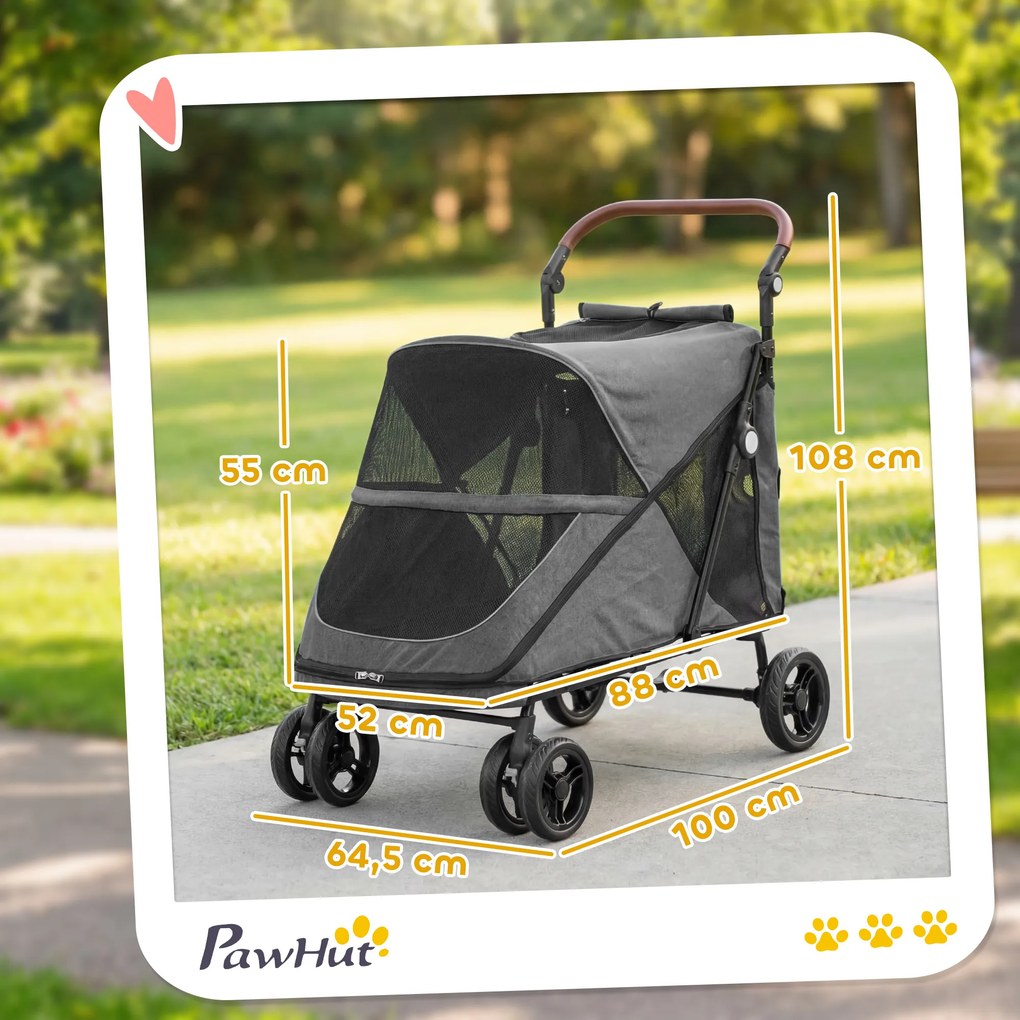 Skládací psí kočárek PawHut – nosnost až 40 kg, odpružení na 4 kolech, přední kola otočná o 360°, pratelná vložka, nastavitelná rukojeť, šedý