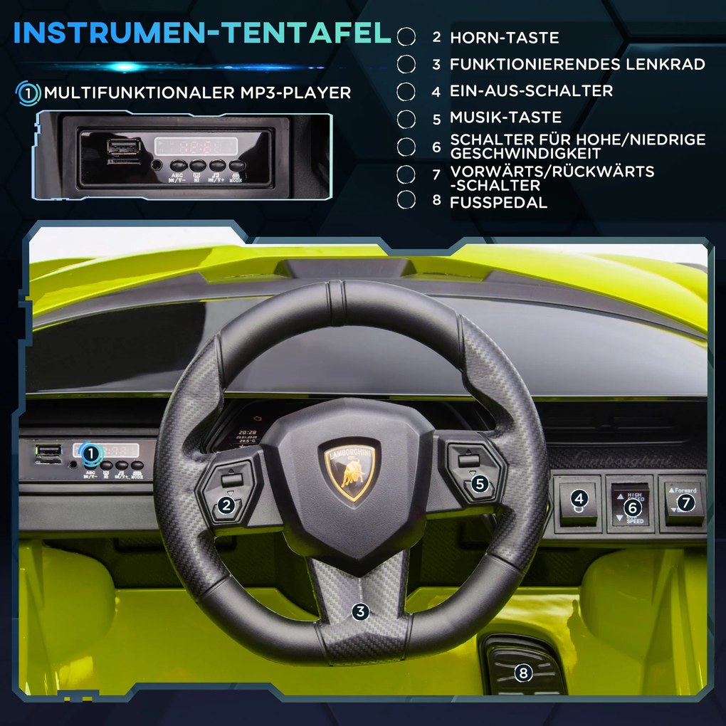 HOMCOM Dětské auto, 2 jízdní režimy, Lamborghini SIAN SUV auto na hraní, elektrické auto s dálkovým ovládáním, hudba (MP3/USB), 37-60 měsíců, zelené …