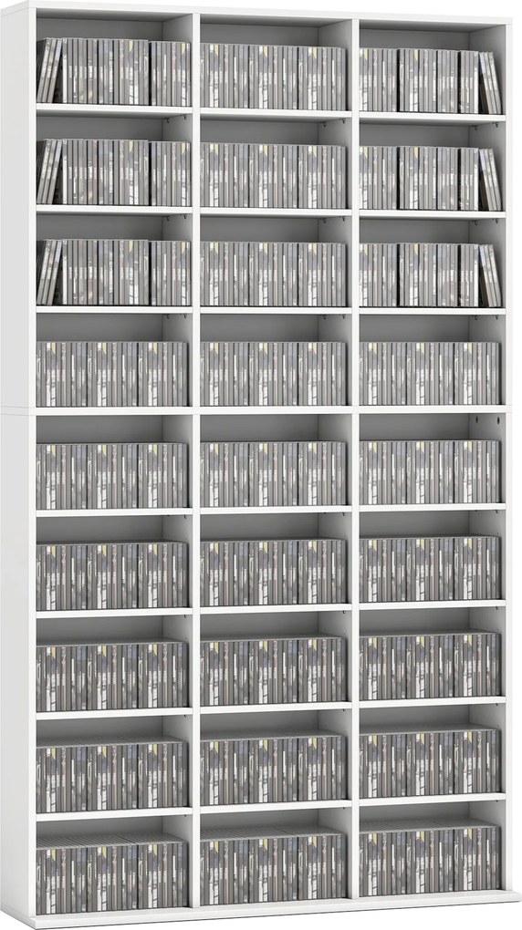 Regál na CD/DVD HOMCOM pro 835 CD nebo 500 DVD, police na Blu‑ray s 27 přihrádkami a 21 nastavitelnými policemi, věž na média do obýváku, ložnice nebo
