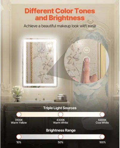 LED koupelnové zrcadlo 3 barvy proti zamlžování nástěnné toaletní zrcadlo 50 × 70 cm