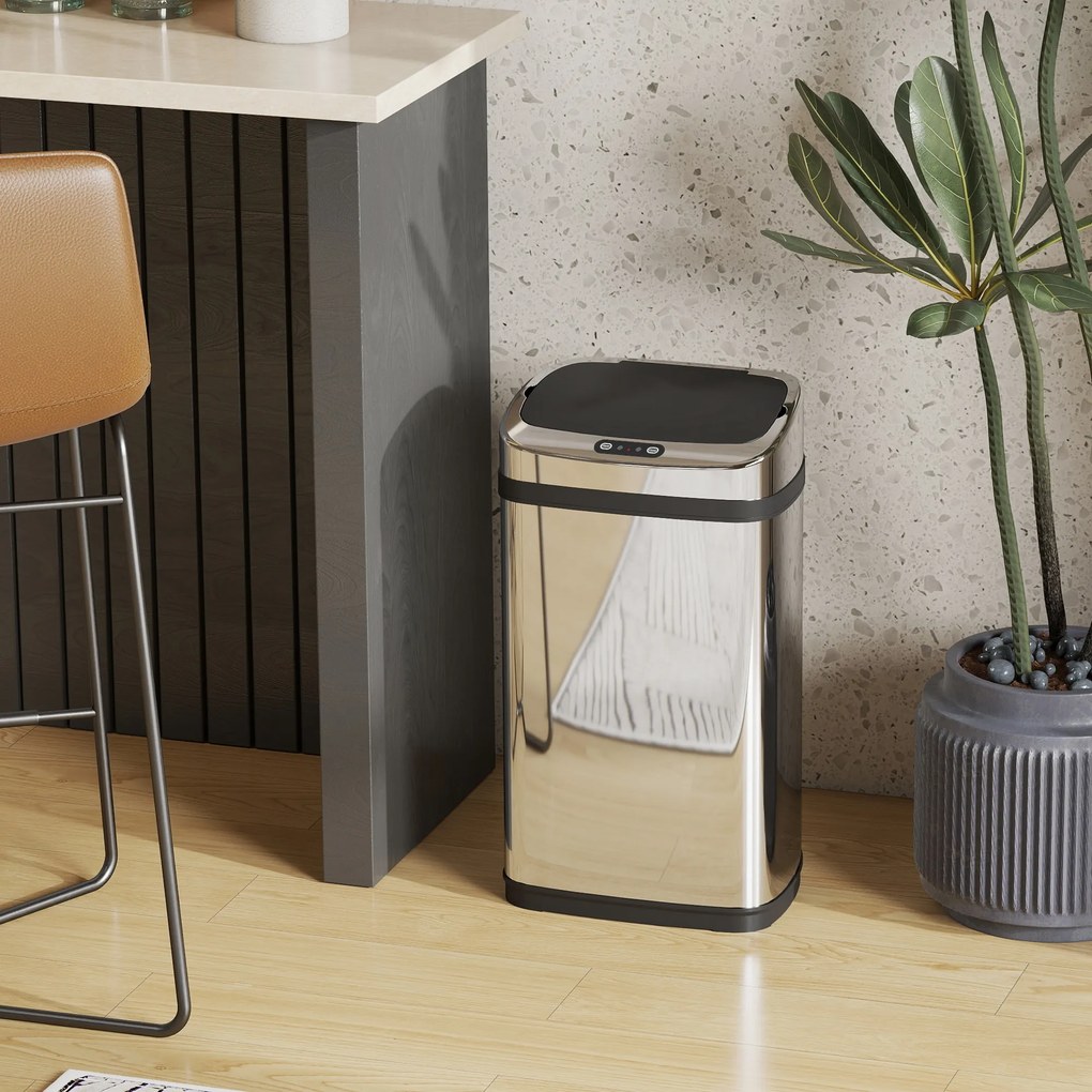 HOMCOM Automatický senzorový odpadkový koš 30 l s IR senzorem, čtvercový, nerez, volitelný vnitřní koš pro hygienické nakládání s odpady | Aosom.de