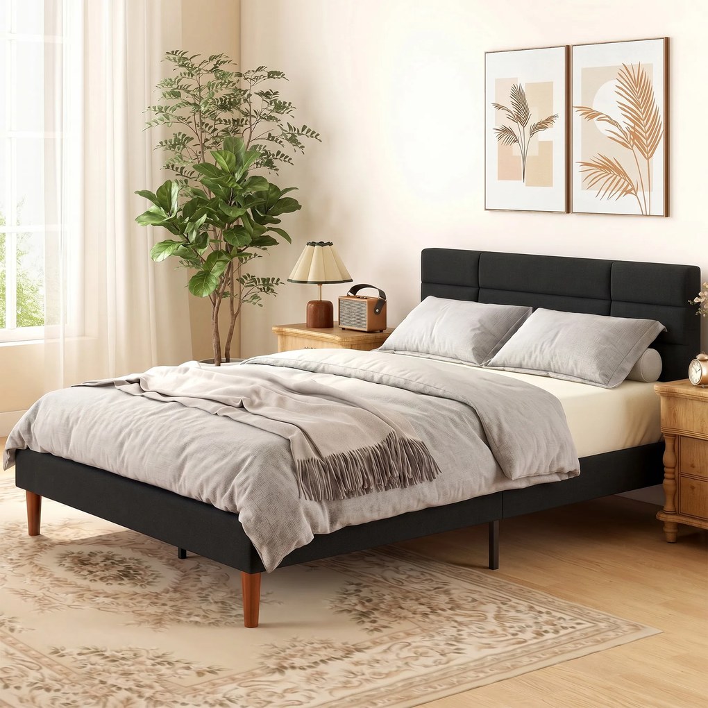 HOMCOM rám postele 140 x 200 cm s lamelovým roštem, polstrovaná manželská postel v lněném vzhledu, úložný prostor pod postelí, tišší, černý