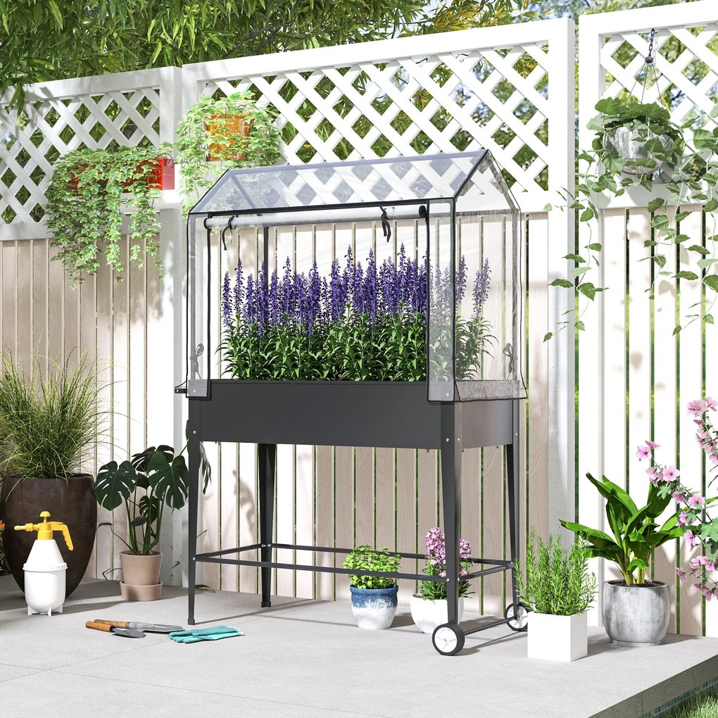 Podlokálně zvýšený záhon Outsunny s PVC krytem, zvýšený květináč na kolečkách, rolovací zipová dvířka a odtokový otvor, mini skleník na zeleninu, kvě…