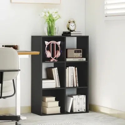 HOMCOM regálový stojan ve tvaru kostky se 6 přihrádkami z dřeva v rustikálním designu, 61,5x29,5x91,5 cm, černá